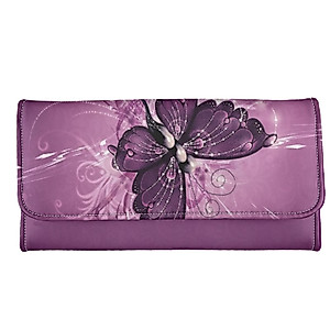 AFPANQZ Purple Butterfly Long Clutch Wallt for Ladies Girls Luxury RFID Blocking Tri-fold Leather Wallet Purse Big Capacity Phone Holder Coin Zip Pocket Multi Cards