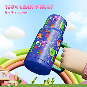 Meoky 24 oz Tumbler with Handle and Straw, 100% Leak-proof Tumbler with Lid and Straw, Insulated Stainless Steel Travel Coffee Mug, Keeps Cold for 24 Hours (Dinosaur & Flamingo)