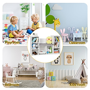 Cowiewie Kids Bookshelf with Reading Nook, 8-Cubby Toy Storage Organizer with Seat Cushion, Toy Storage for Bedroom, Playroom, Kids Room, 13.39" D x 47.24" W x 29.92" H, White