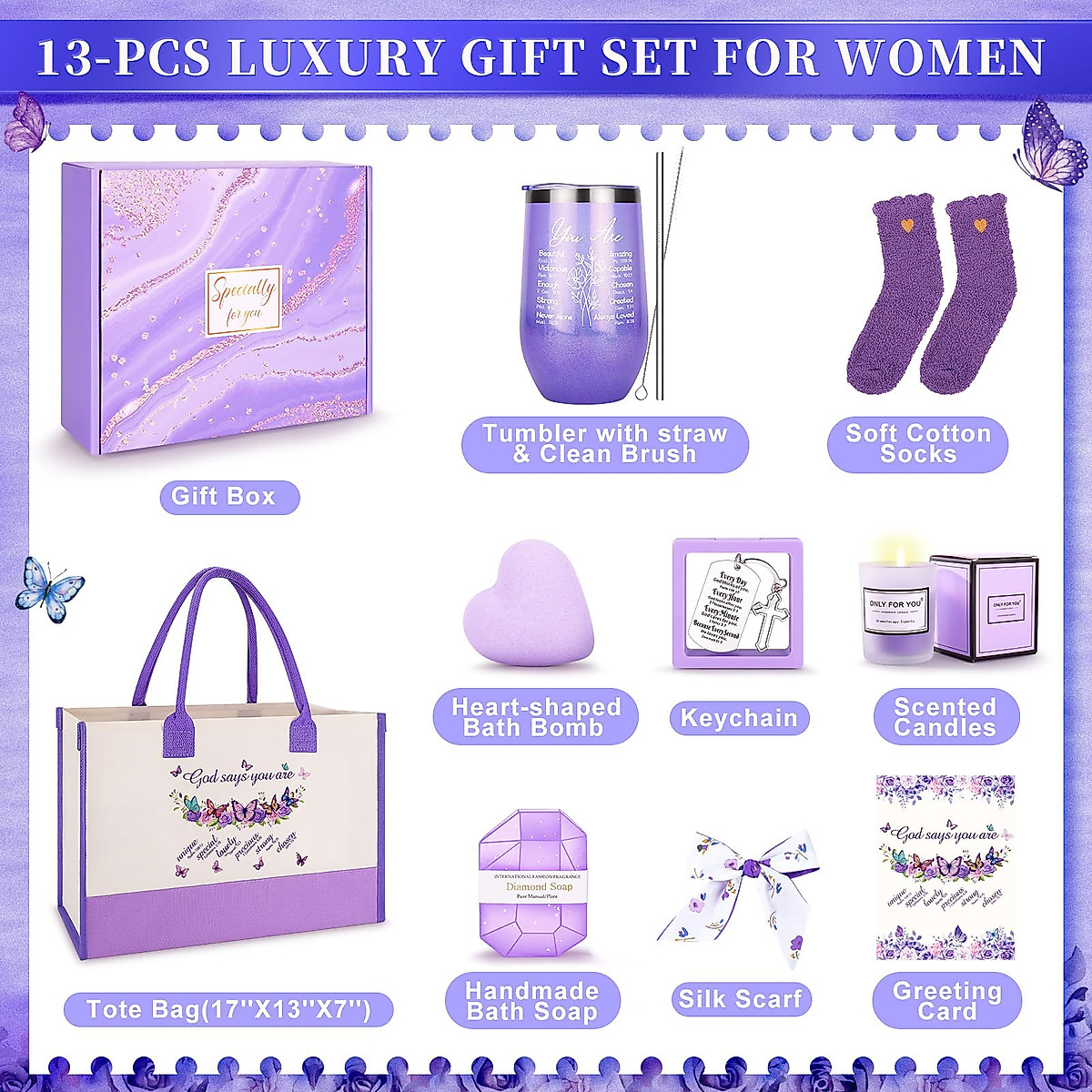 13PCS Christian Gifts for Women Faith, Purple Inspirational Gifts for Women,Christian Birthday Baskets,Religious Catholic Baptism Get Well Soon Baskets for Her Mom,Friends,Sister,Wife,Girlfriends