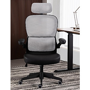 Ergonomic Mesh Office Chair High Back Desk Chair for Big and Tall People Adjustable Headrest with 2D Armrest Lumbar Support and PU Wheels Swivel Tilt Function Black (Black/Grey with Nylon Base)