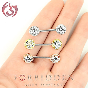 Forbidden Body Jewelry Fancy CZ Halo Frame Surgical Steel Nipple Barbells Set