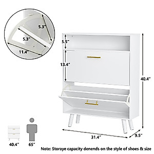 SINROM Shoe Cabinet for Entryway, Slim Shoe Storage Cabinet with 2 Flip Drawers, Freestanding Shoe Organizer with Open Shelf for Hallway, White