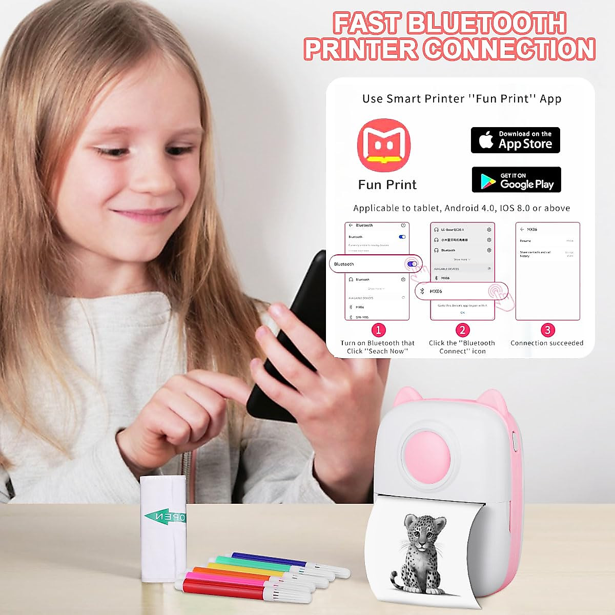 Mini Portable Printer - Pocket Thermal Printer with 13 Roll Papers, Bluetooth Wireless Smart Printer for Photos, Office Receipts,QR Codes,Labels,Notes Printing Compatible with iOS Android Phone Pink