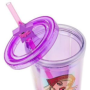 Silver Buffalo Bratz Dolls Featuring Cloe, Yasmin, Jade, and Sasha Pink and Purple Plastic Cold Cup with Lid and Straw Topper, 24 Ounces