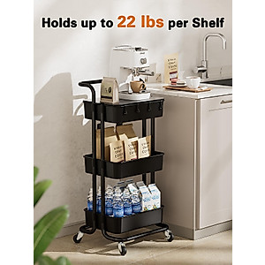Pipishell 3 Tier Rolling Cart with Table Top, Utility Cart with Wheels & 4 Hooks, Rolling Storage Cart for Home Storage and Organization, Black, PIUC09B