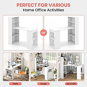 IFANNY 48 Inch Computer Desk with Bookshelf, Reversible Home Office Desk with Open Shelves & CPU Stand, Modern Space-Saving Writing Desk Computer Workstation for Study, Living Room (White)