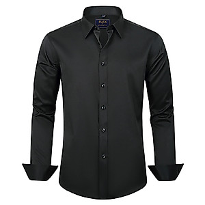 J.VER Men's Dress Shirts Solid Long Sleeve Stretch Wrinkle-Free Shirt Regular Fit Casual Button Down Shirts Black Medium