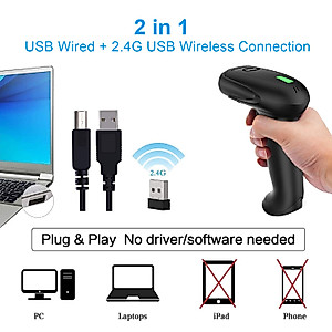 USB Wireless Barcode Scanner with Stand,Symcode Barcode Scanner Wireless Versatile 2-in-1 (2.4Ghz Wireless+USB 2.0 Wired) Rechargeable Cordless 1D Barcode Reader USB Handheld Bar Code Scanner Wireless