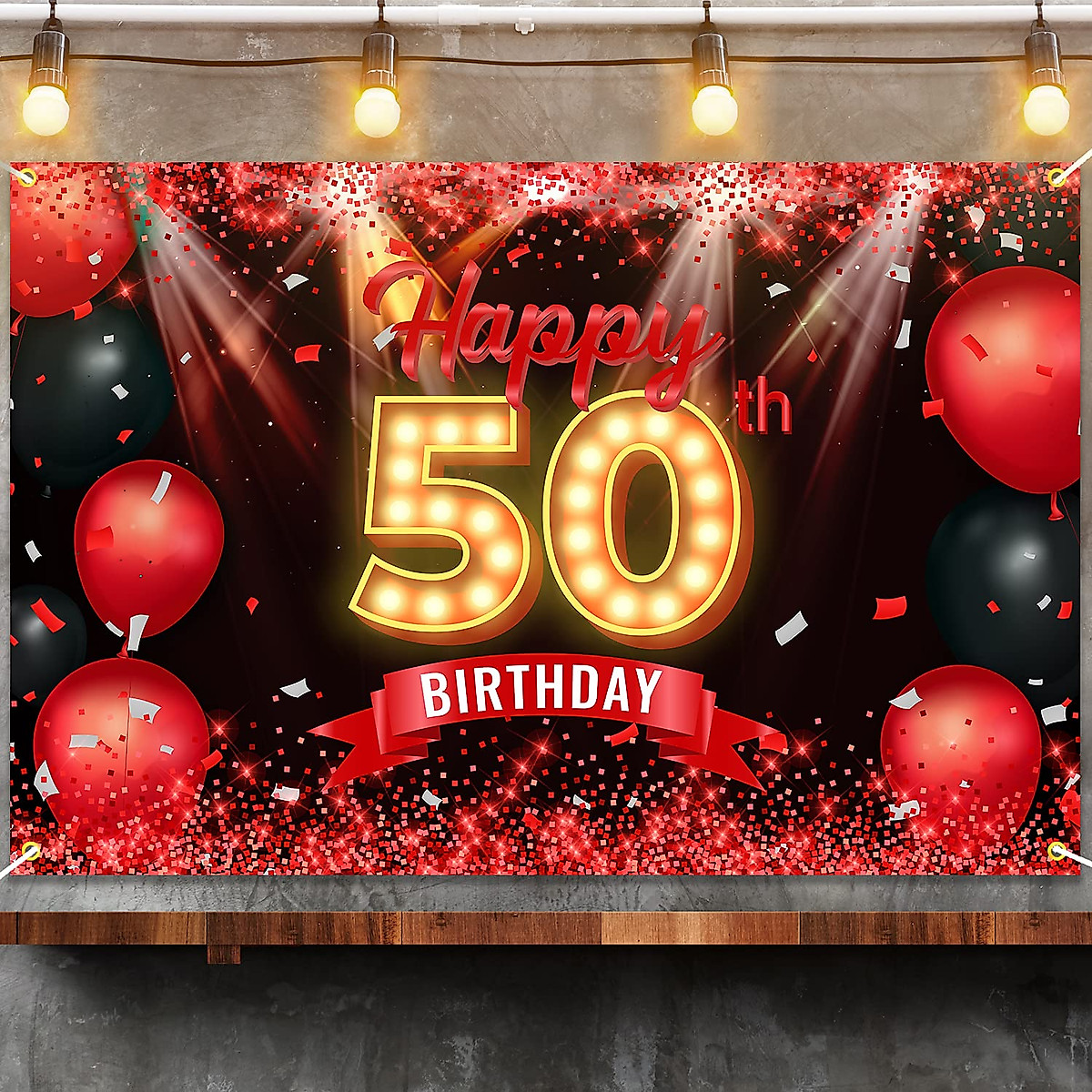 Happy 50th Birthday Banner Backdrop Red and Black 50 Years Old Background Bday Decorations for Women Men Photography Party Supplies Glitter