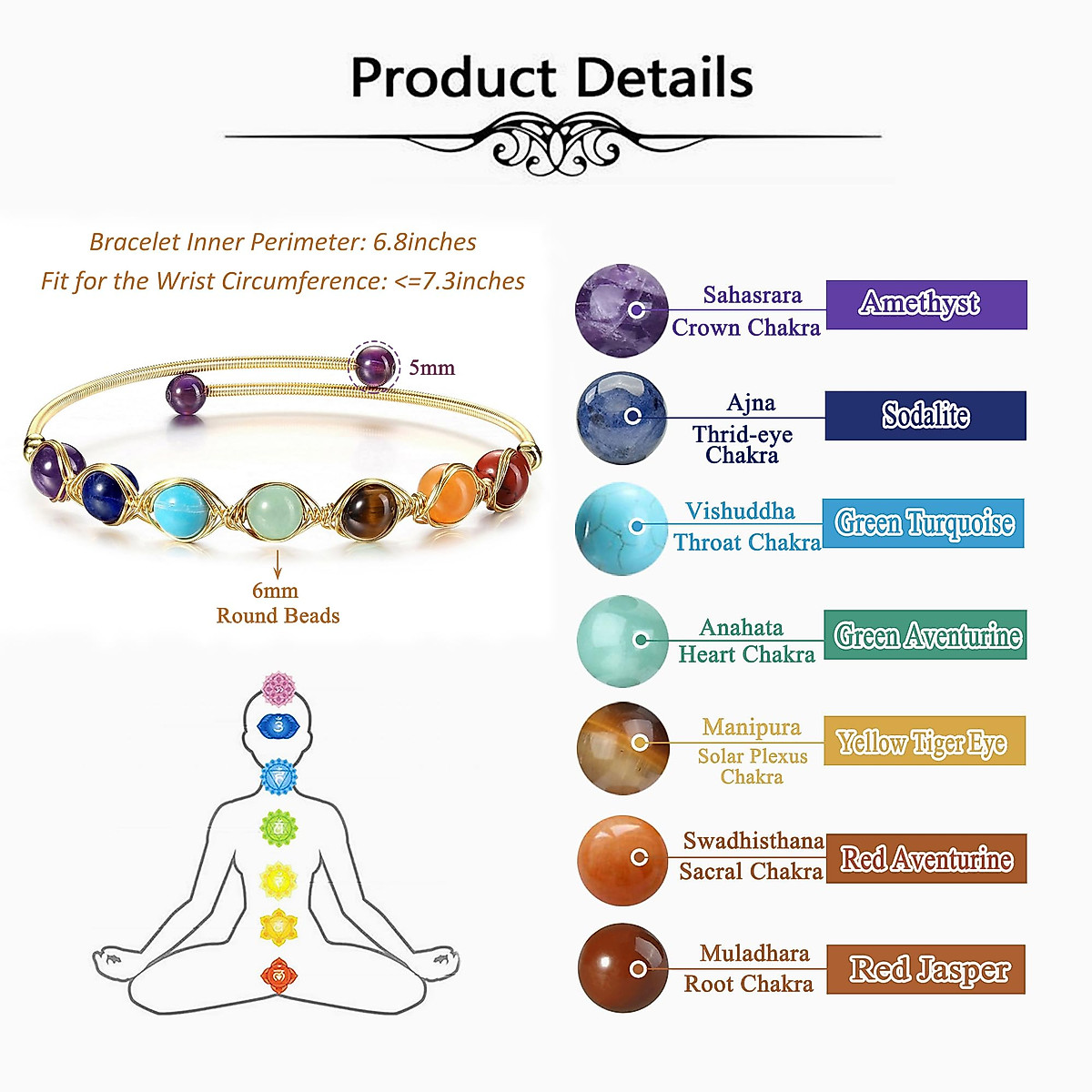 Top Plaza 7 Chakra Yoga Meditation Bracelet Healing Crystal Stone Bead Cuff Bracelets Adjustable 14K Gold Plated Bracelets for Women Ladies Girlfriend Birthday Gifts
