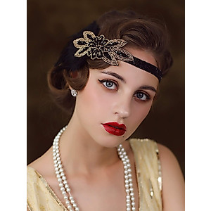 SWEETV 1920s Flapper Feather Headband, 20s Sequined Showgirl Headpiece, Gatsby Hair Accessories for Women (Black)