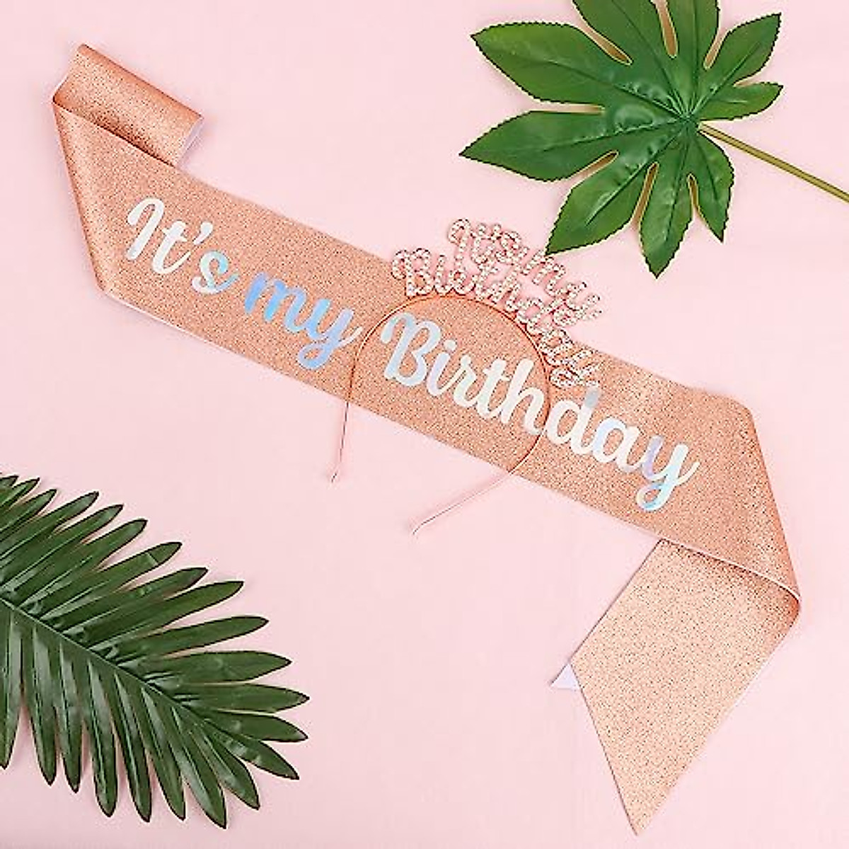 BAHABY Birthday Crowns for Women, It's My Birthday Sash & Birthday Headband Set Princess Birthday Sash and Rhinestone Tiara Birthday Gifts for Women Girls Sweet Happy Birthday Accessories for Party- Rose Gold