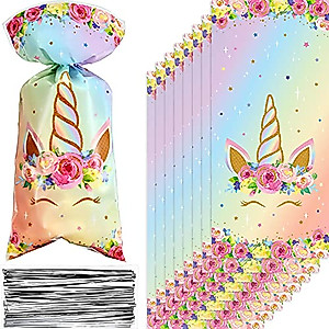 Zonon 100 Pieces Unicorn Cellophane Treat Bags, Pink Rainbow Gold Unicorn Theme Candy Goodie Favor Bags with 100 Silver Twist Ties Party Favor Pastel Bags for Girls Birthday Baby Shower Supplies