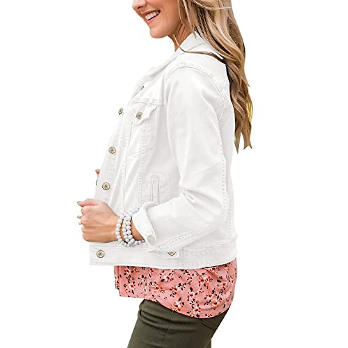 Vetinee Women's White Jean Jacket Women Basic Stretch Fitted Casual Button Down Truker Denim Jacket Long Sleeve Pockets Jean Coat Large Size 12 Size 14