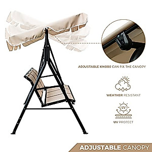 3-Seat Outdoor Porch Swing Loveseat with Adjustable Canopy and Steel Frame, Cushions and Pillow Included, Patio Seater