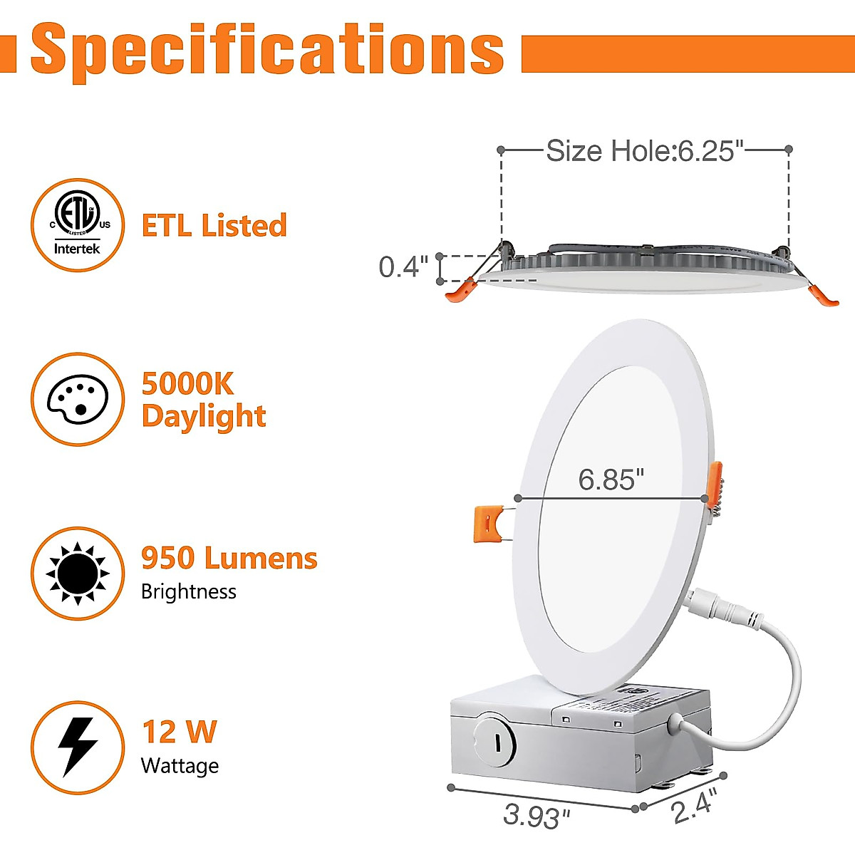 OOOLED Recessed Lighting 6 Inch, Canless LED Recessed Light Fixtures with Junction Box, 12W (100W Eqv), 950LM, 5000K Daylight, Dimmable LED Downlight and Ceiling Lights LED, ETL Listed, 12-Pack