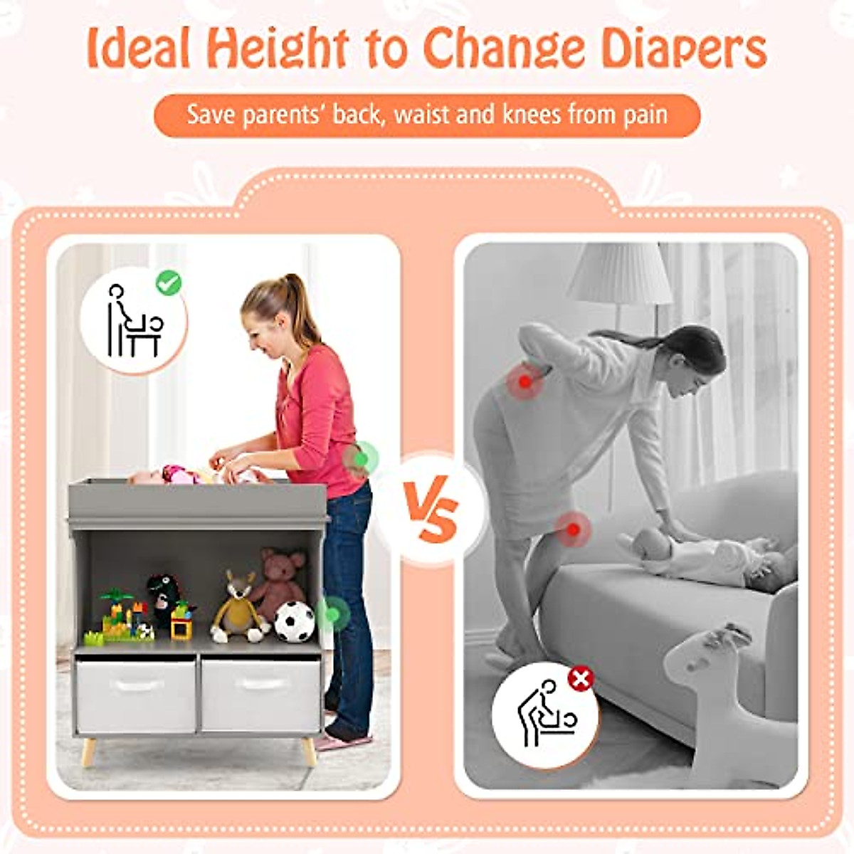 Costzon Baby Changing Table, 2 Drawer Infant Diaper Changing Station with Waterproof Changing Pad, Solid Wood Legs, Changing Table Dresser for Nursery (Gray)