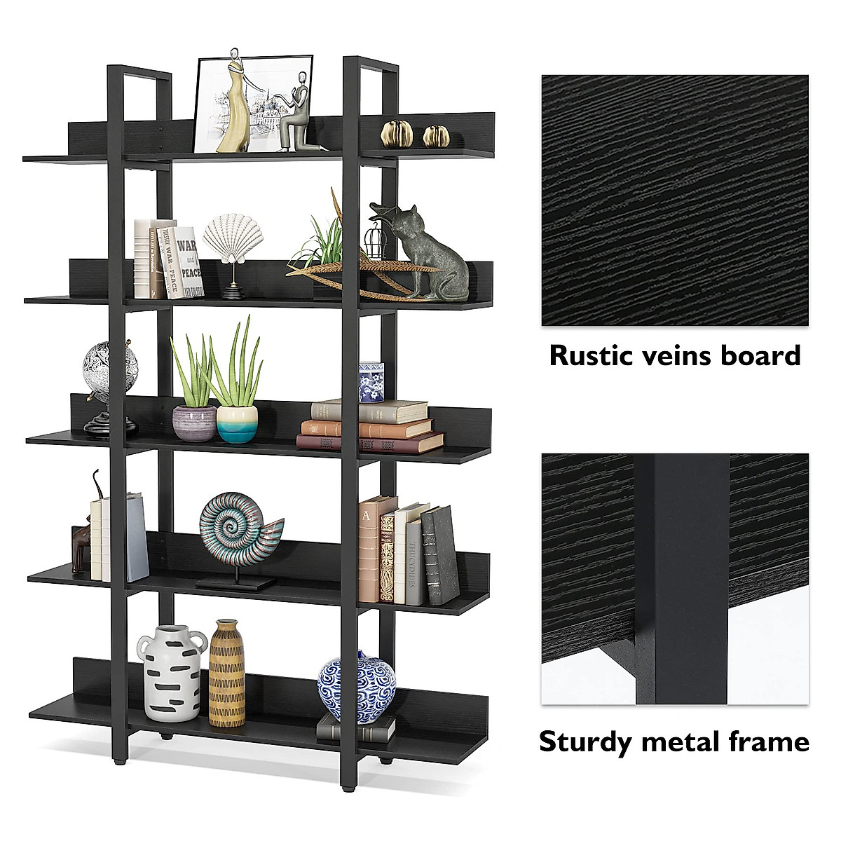 Tribesigns 5 Tiers Bookcase, 5-Shelf Industrial Style Etagere Bookcases and Book Shelves, Metal and Wood Free Vintage Bookshelf with Back Fence, Black