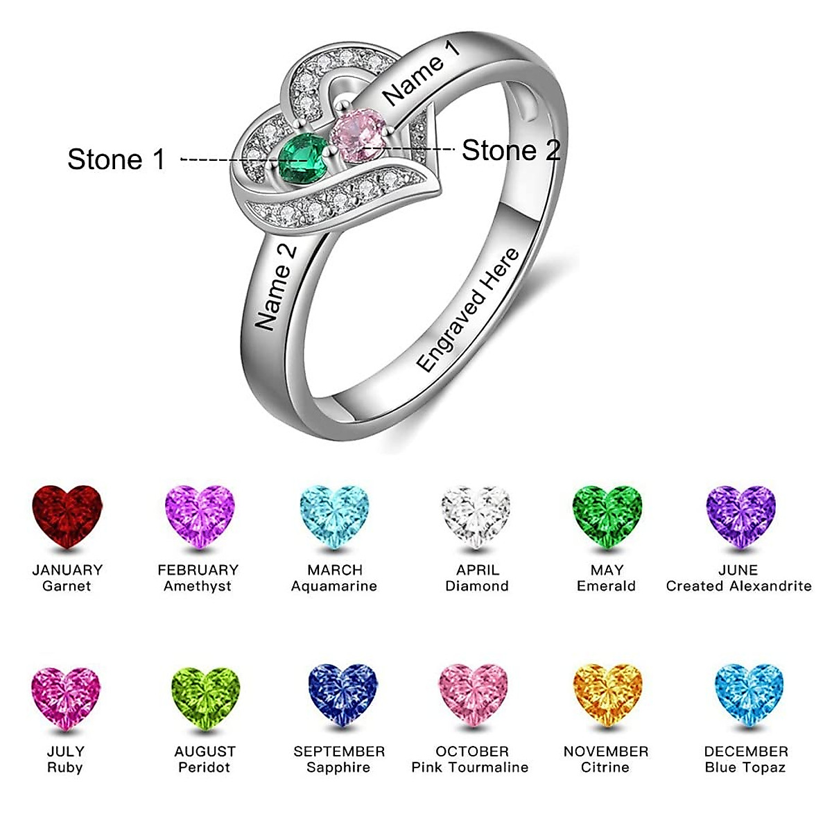 Personalized 2 Birthstones Rings Silver Heart Custom Engraved Name Ring Wedding Family Christmas Mother Days Birthday Anniversary Jewelry (2 stones)