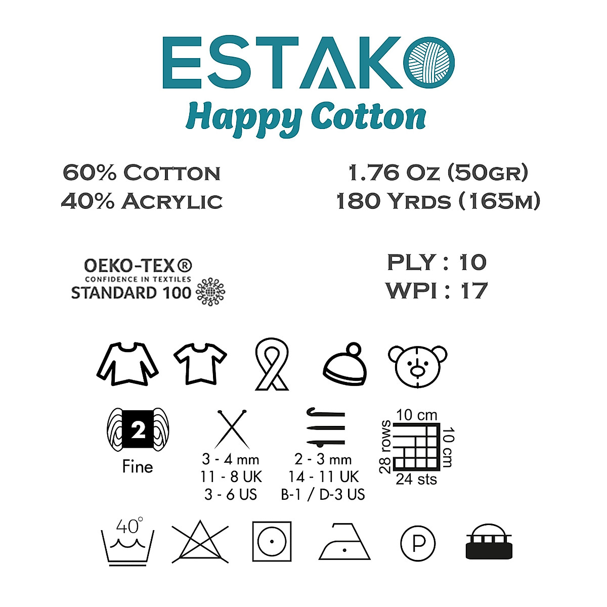 Estako Happy Cotton, 60% Cotton 40% Acrylic Yarn, Soft, Fine/Sport (2) for Crochet and Knitting 1.76 Oz (50g) / 180 Yrds (165m) (4110 - White)