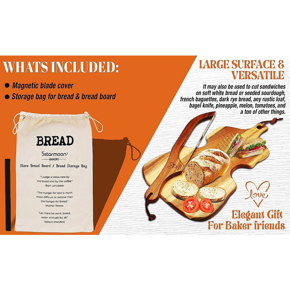 US Designed - Hand Crafted Wooden Bread Bow Knife - Acacia Wood Cutting Board - Bread Saw - Sourdough Bread Knife for Homemade Bread with Linen Storage Bag- Bread Knife Wooden Bread Cutting Board