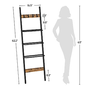 YATINEY Blanket Ladder, 5-Tier Towel Rack with 4 Removable Hooks, Wall-Leaning Blanket Holder, Decorative Display Ladder Shelf, Industrial, for Living Room, Rustic Brown and Black CJ01BR