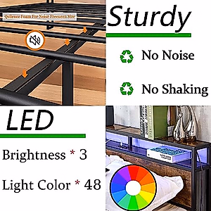 Gustonhon Industrial Queen Bed Frame with Headboard,Metal Bed Frame Queen Size with Storage Under-Bed,Mattress Foundation with LED Lights and Charging Station,2-Tier Storage Shelf (Queen)