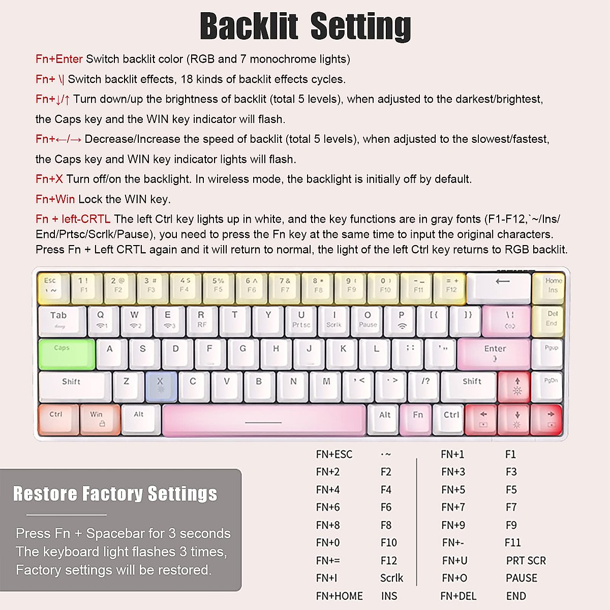 Ajazz K685T Wireless 60% Mechanical Keyboard, Bluetooth/2.4G/Wired Multi-Mode, RGB Backlight, N-Key Rollover 68 Keys, Hot Swap Switch, Compatible for Multi-Device Connection (White, Brown Switch)