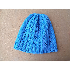 Womens Beanie Hat with Lace Design, Sky Blue, 100% Wool, Hand Knit Snug Cap, Teen Girls Skater Skullie