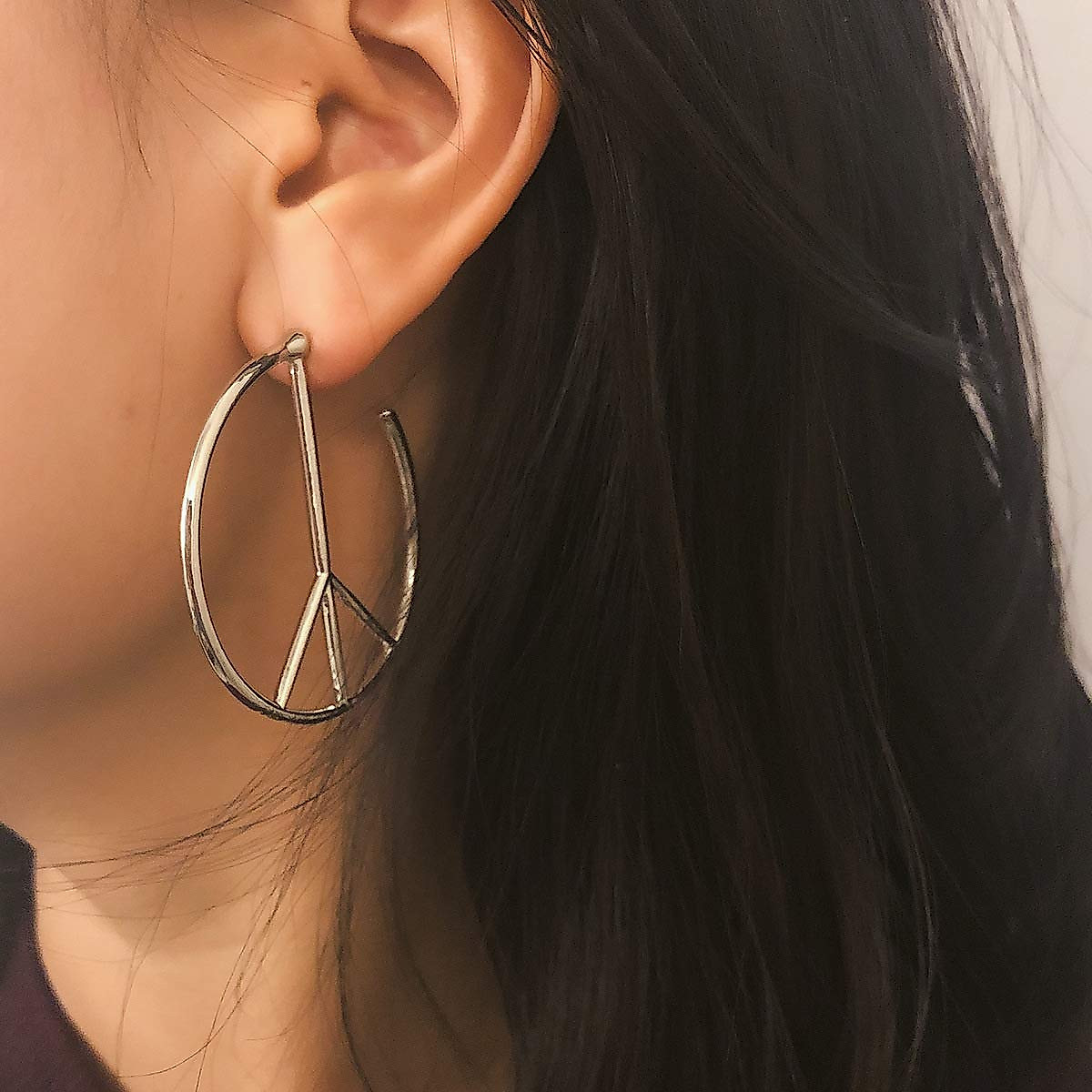 Peace Sign Symbol Geometric Stud Earrings Jewelry Minimalist Big Round Hoop Statement Earrings for Women (Gold)