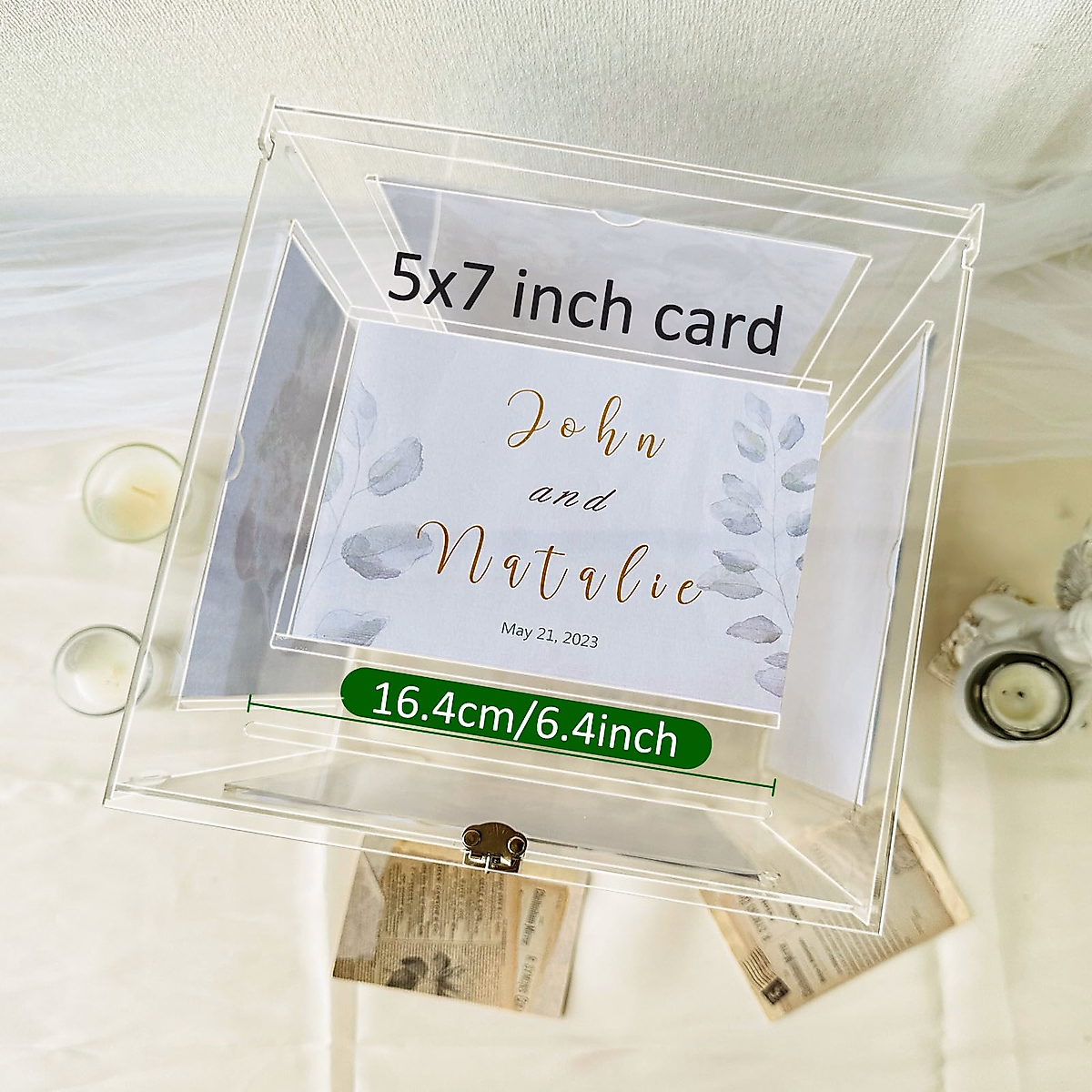 CYAOOI Acrylic Wedding Card Box with Picture Frame, Clear Gift Card Box for Wedding Reception, Large Rotatable Money Envelope Card Box Holder with Lock for Graduation Party Birthday Baby Shower