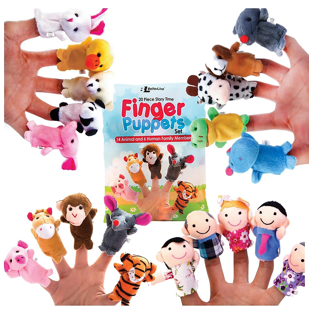 20-Piece Story Time Finger Puppets Set - Cloth Velvet Puppets - 14 Animals and 6 People Family Members