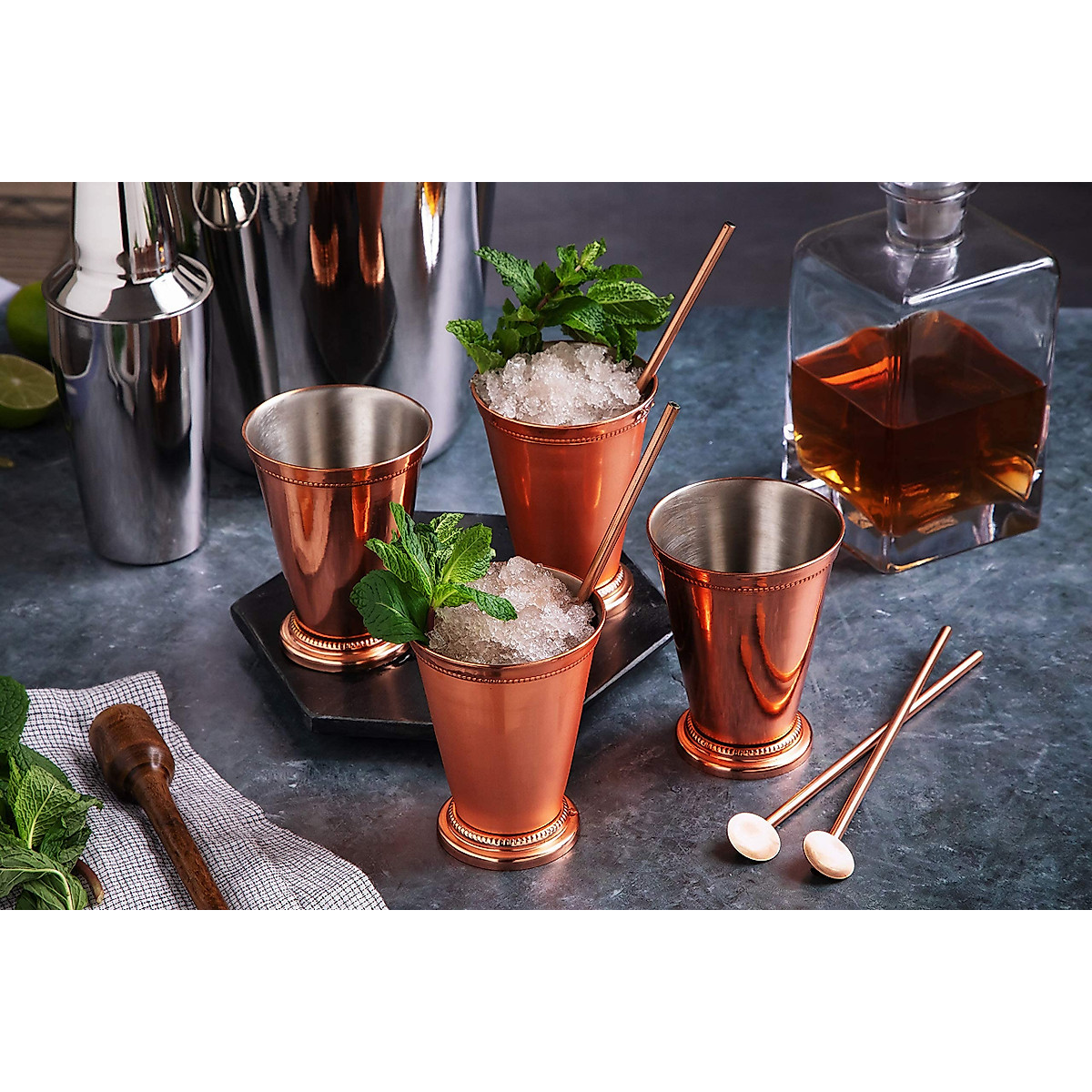 Sol Living Mint Julep Cups Gift Set of 4, 12 oz. Stainless Steel Silver Cups with 4 Drinking Straws Kentucky Derby Cups Premium Handcrafted Barware Set for Cocktails Mixed Drinks