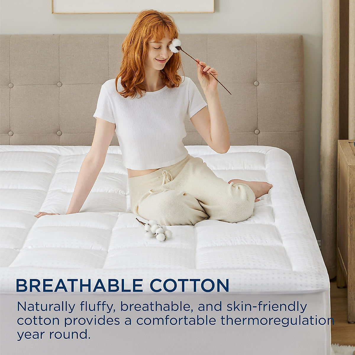 Bedsure Mattress Pad Queen Size - Soft Cotton Mattress Cover, Quilted Fitted Mattress Topper with Deep Pocket Fits 8-21 Inch Mattress, Breathable Fluffy Pillow Top, White