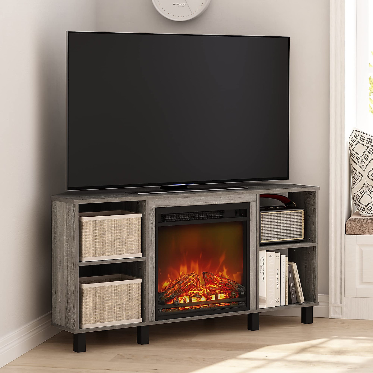 Furinno Jensen Corner Fireplace TV Stand with 4 Open Compartments for TV up to 55 Inches, French Oak Grey