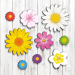 9 Pieces Wooden Flower Wall Decor Farmhouse Flower Wall Art Rustic Wall Flowers Decorations Wood Flower Wall Boho Hanging Decor with Hook and Adhesive Dots for Home Outdoor Indoor Patio Garden Decor