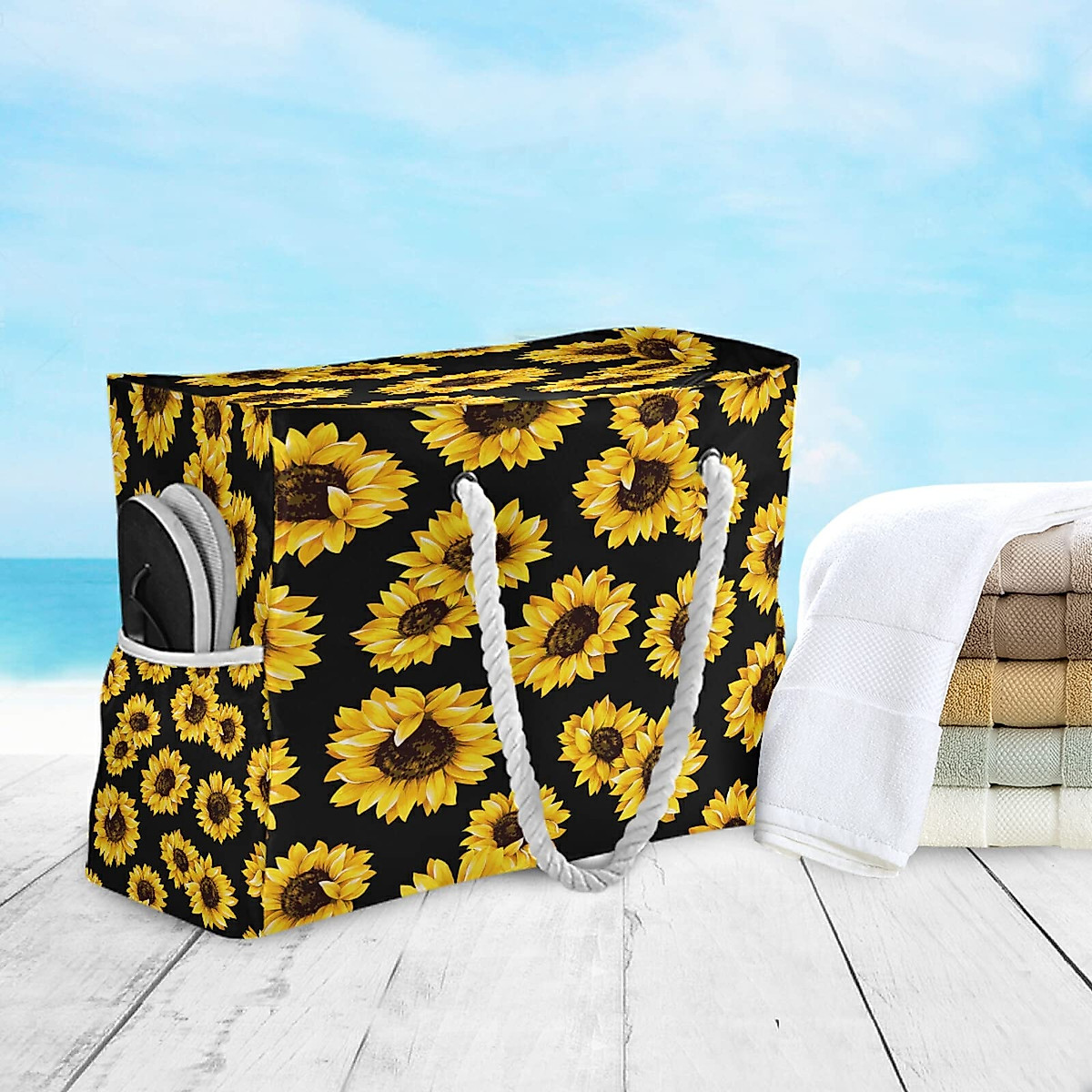 ALAZA Sunflower Blossom Floral Flower Tote Bag Beach Large Bag Rope Handles for Shopping Groceries Travel OutdoorsPattern267802802