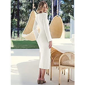 ANRABESS Womens Sweater Dress 2023 Fall Bell Long Sleeve Sweetheart Neck Side Slit Ribbed Knit Slim Fit Elegant Bodycon Midi Dress 578mibai-L White