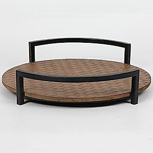 Farmhouse Round Decorative Tray，Wood Serving Tray with Metal Handles, Rustic Ottoman Coffee Table Accent Tray, Centerpieces for Table (Natural Brown)