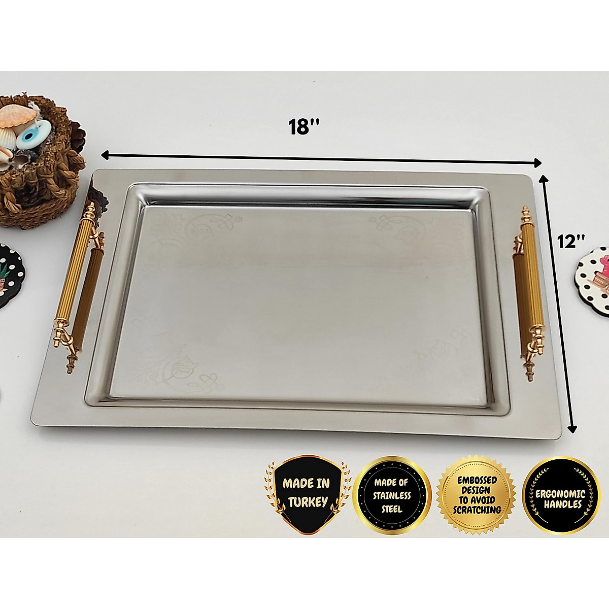 Candymosa Silver Serving Tray with Handles (18”x12”) - Stainless Steel Serving Tray for Drinks and Food - Silver Tray Decorative - Ideal as a Coffee Tray, Bar Tray, Silver Platter or Turkish Tray