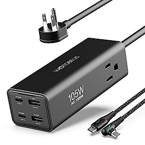 WOTOBEUS 105W GaN 3-Port USB C Charger, PD 100W PPS45W Super Fast Charging Station, Compact Surge Protector Power Strip for iPhone 16 15, iPad, MacBook Pro/Air, Galaxy S25 S24, Laptop (Type-C)