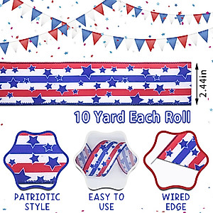LANGFON 4th of July Fabric Ribbon Patriotic Small Stars Decor Ribbon Strip Burlap Edge Wired Ribbon for Veterans Day Independence Day Gift Wrapping Party Decoration Supplies 10 Yards 2.5 Inch 1 Roll