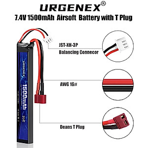 URGENEX Airsoft Battery 7.4V 1500mAh 35C High Discharge Rate Lipo Battery Pack with Deans T Plug Rechargeable 2S Lipo Battery for Airsoft Model Guns