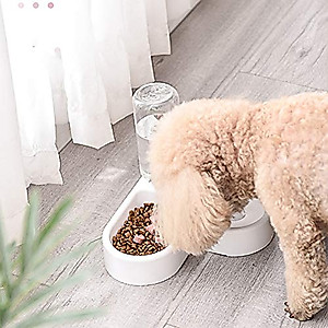 Creative Corner Shape Pet Feeder Bowl Plastic Double Bowls with 500ml Automatic Water Dispenser Bottle Anti- Slid Feeder Household Pet Supplies ( White )