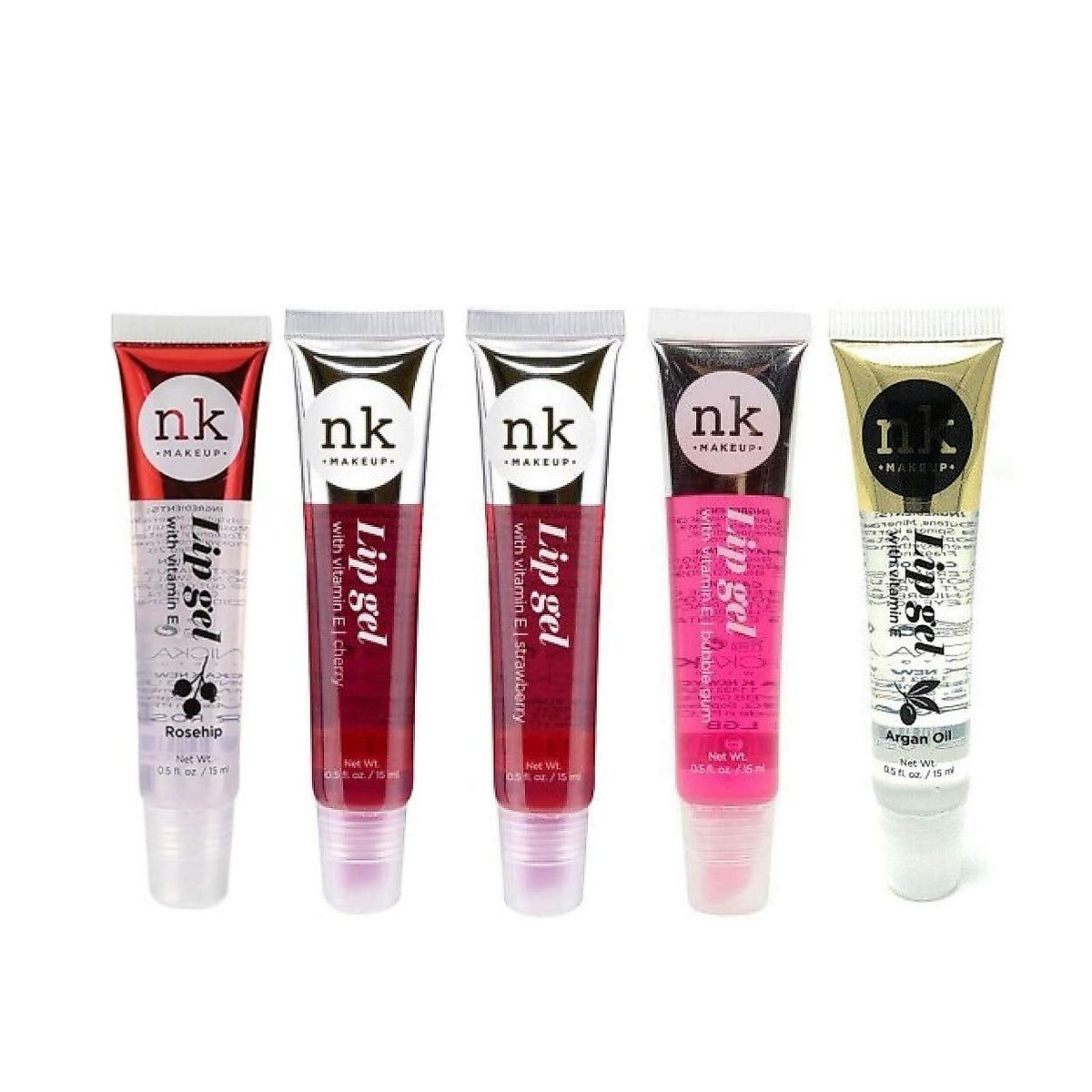 Nicka K New York 5 PACK NK Lip Gel with Vitamin E Bubble Gum, Argan, Strawberry, Cherry and Rosehip Lip Gloss
