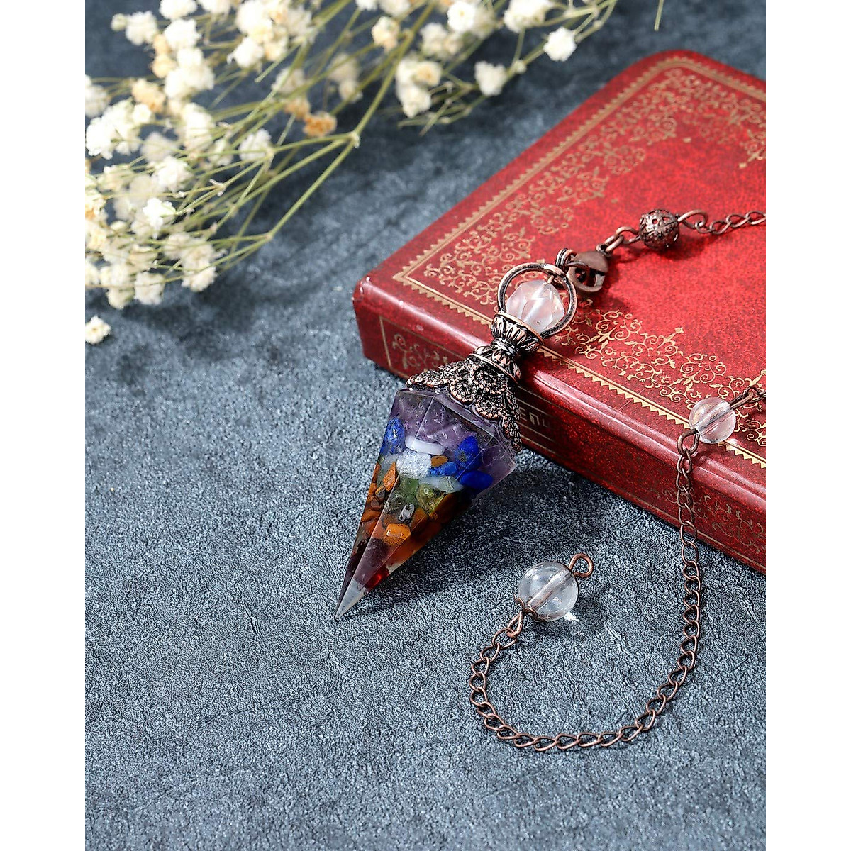 PESOENTH 7 Chakra Crystal Dowsing Pendulum Healing Hexagonal Gemstone Crystals Point Pendulum for Divination Scrying Dowser