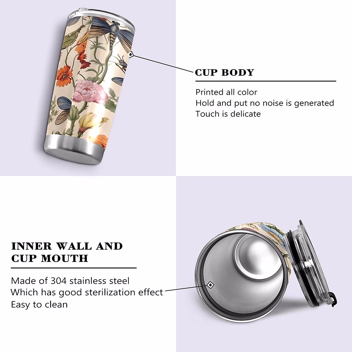 xigua Floral Dragonflies 12oz Tumbler with Lid and Straw, Stainless Steel Vacuum Insulated Coffee Tumbler Cup, Double Wall Travel Mug for Hot and Cold Drinks