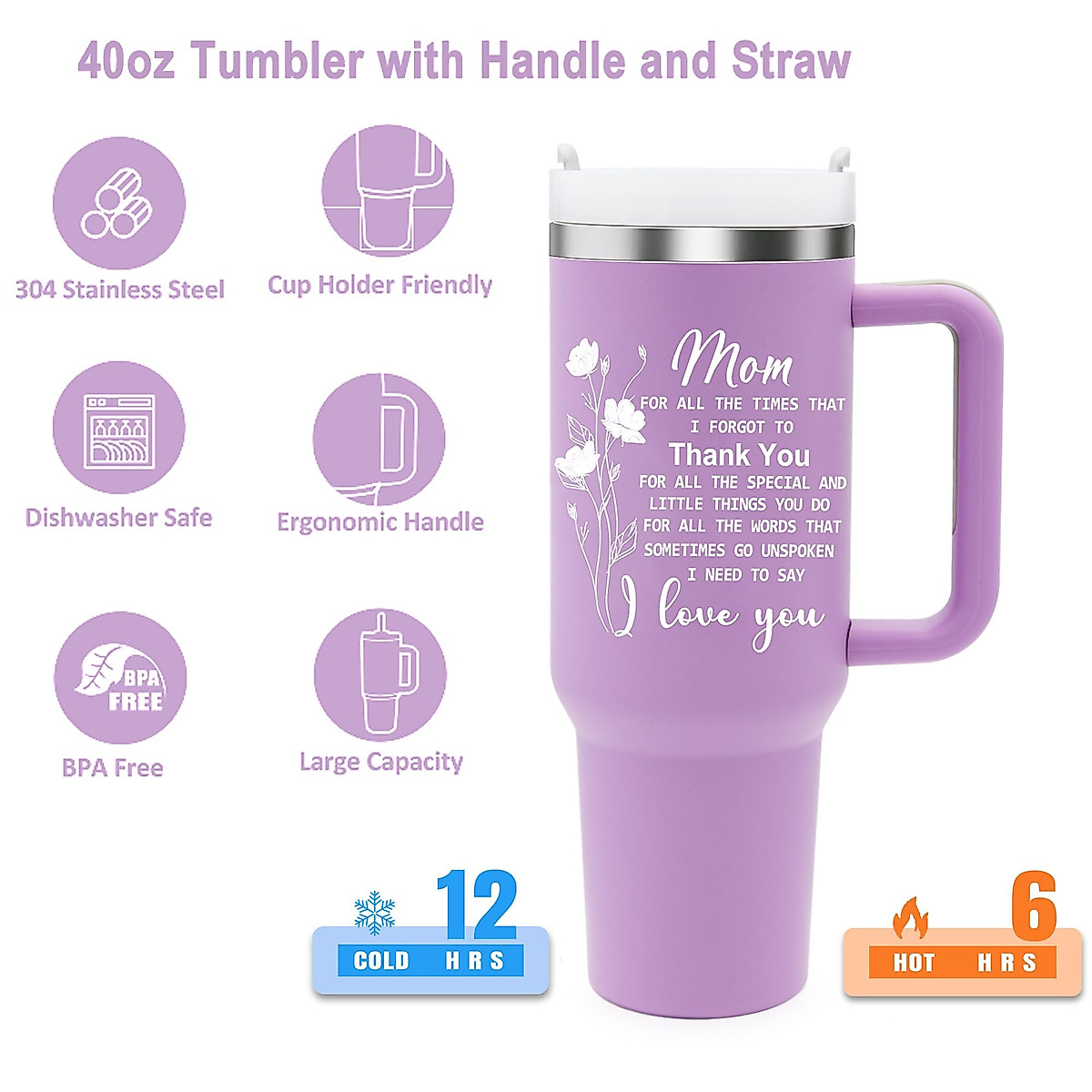 Vprontse Mom Tumbler with Handle - 40oz Stainless Steel Travel Mug Insulated Coffee Cup, Mom Birthday Gifts from Daughter, Gift for Moms Birthday Mother Day