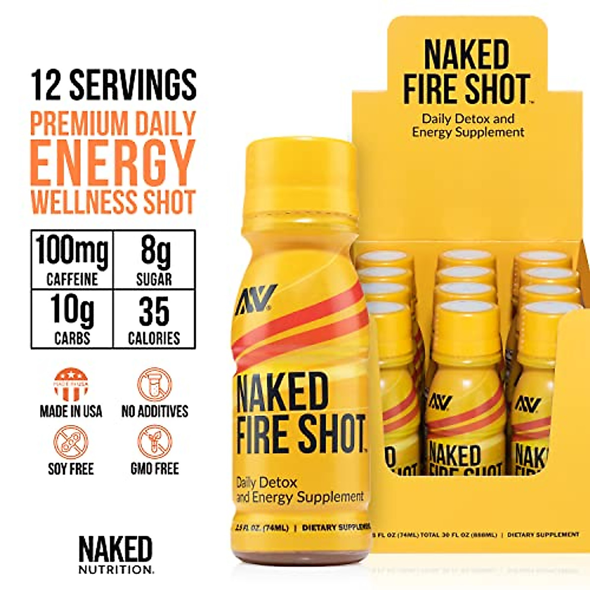 Naked Fire Shot - Natural Energy Shots, Ginger Root, Raw Apple Cider Vinegar, Organic Ginseng & Ashwagandha, Detox, Energy Wellness Shots - 2.5oz, 12 Pack